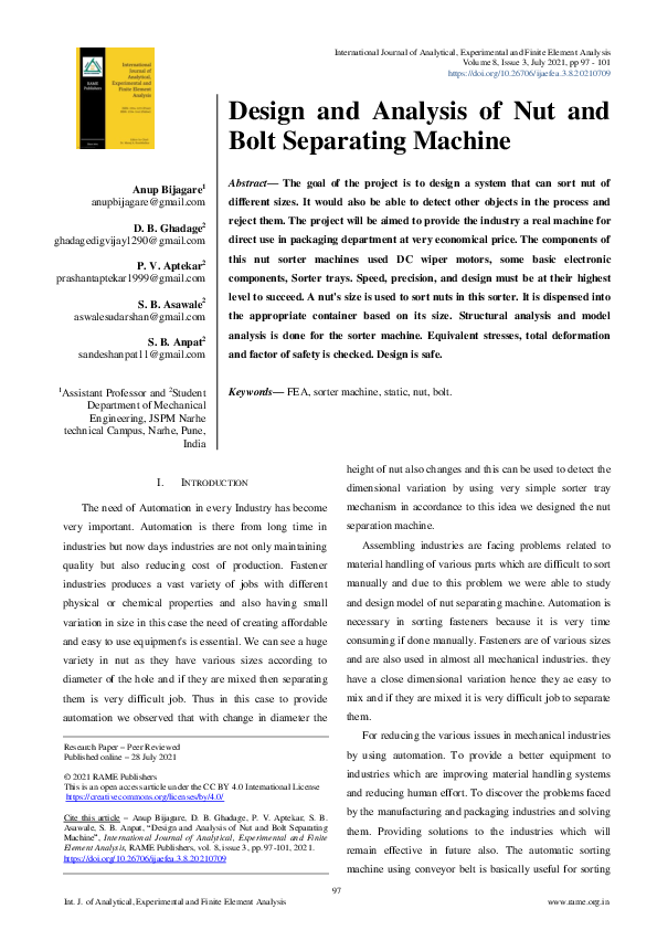 (PDF) Design and Analysis of Nut and Bolt Separating Machine