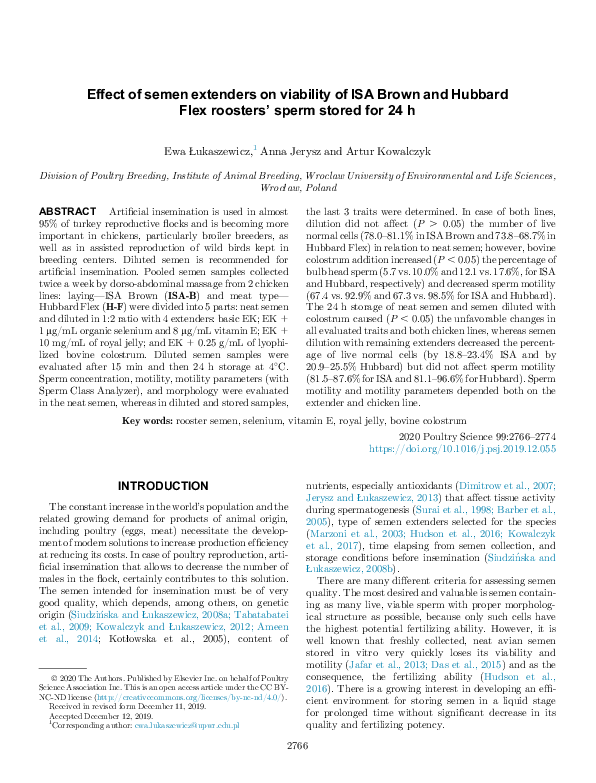 (PDF) Effect of semen extenders on viability of ISA Brown and Hubbard ...