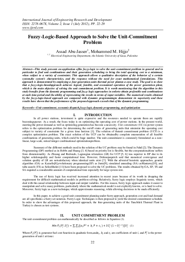 (PDF) Fuzzy-Logic-Based Approach to Solve the Unit-Commitment Problem
