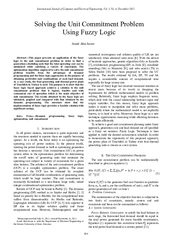 (PDF) Solving the Unit Commitment Problem Using Fuzzy Logic