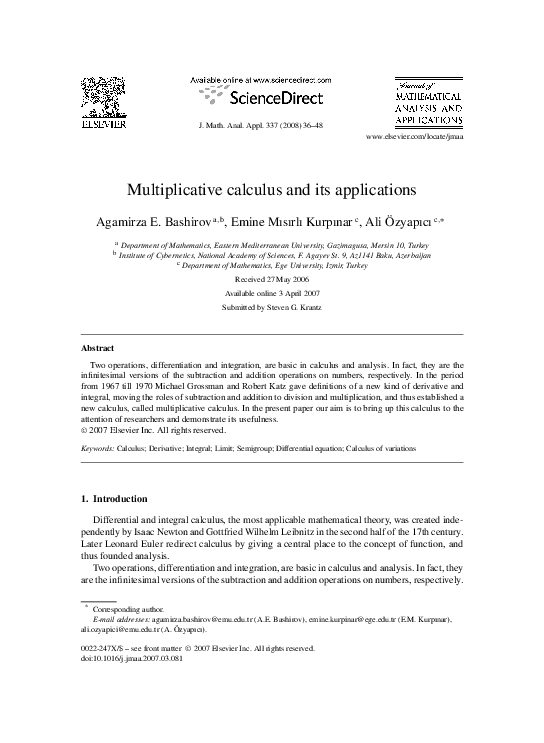 (PDF) Multiplicative calculus and its applications