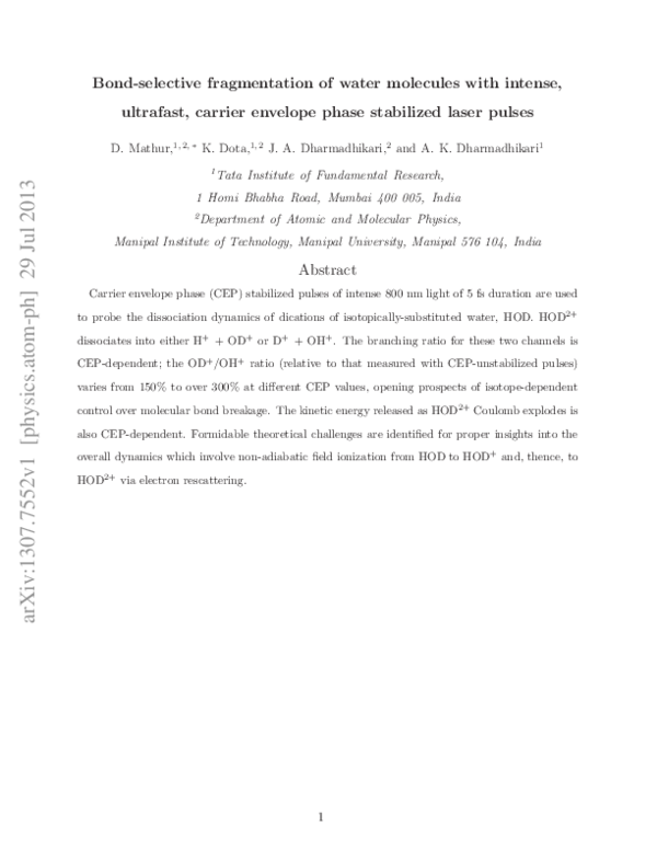 (PDF) Bond-selective fragmentation of water molecules with intense ...