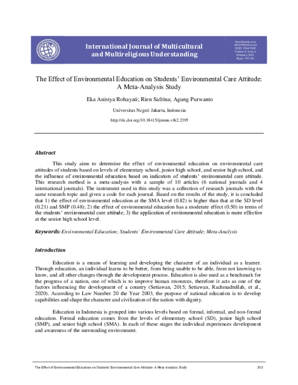 (PDF) The Effect of Environmental Education on Students’ Environmental Care Attitude: A Meta ...