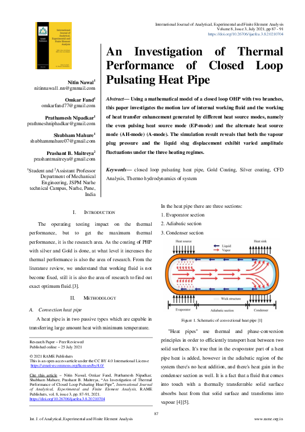 Pdf An Investigation Of Thermal Performance Of Closed Loop Pulsating Heat Pipe