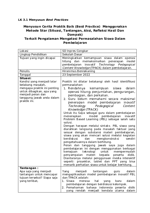(PDF) Best Practices PPL Kategori 1 Tahun 2022 HIRONIMUS BENISIKANING