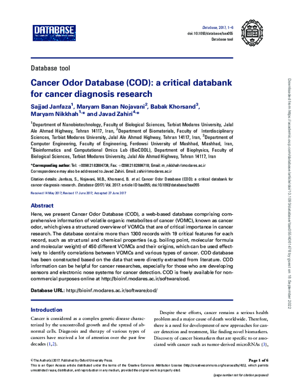 (PDF) Cancer Odor Database (COD): a critical databank for cancer ...