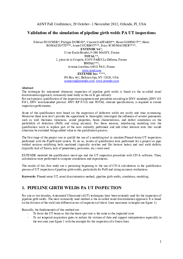 Pdf Validation Of The Simulation Of Pipeline Girth Welds Pa Ut Inspections