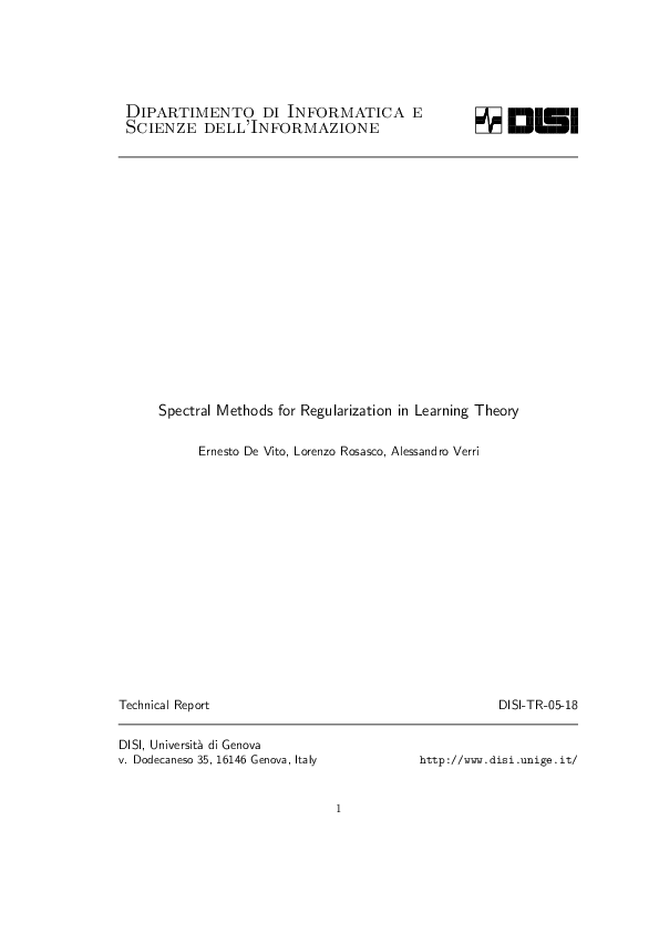 (PDF) Spectral methods for regularization in learning theory