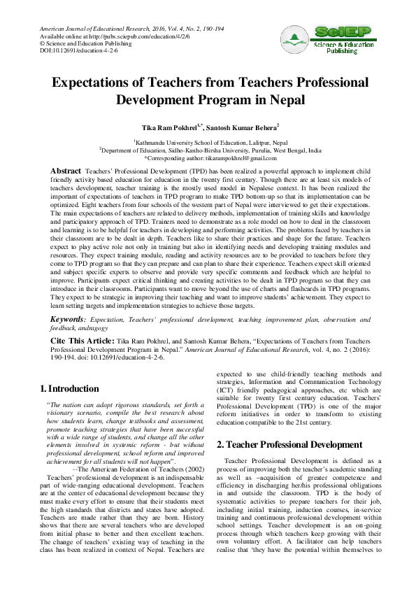 (PDF) Expectations of Teachers from Teachers Professional Development Program in Nepal