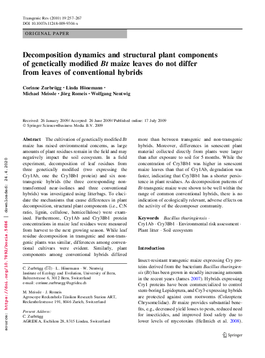 (PDF) Decomposition dynamics and structural plant components of genetically modified Bt maize ...