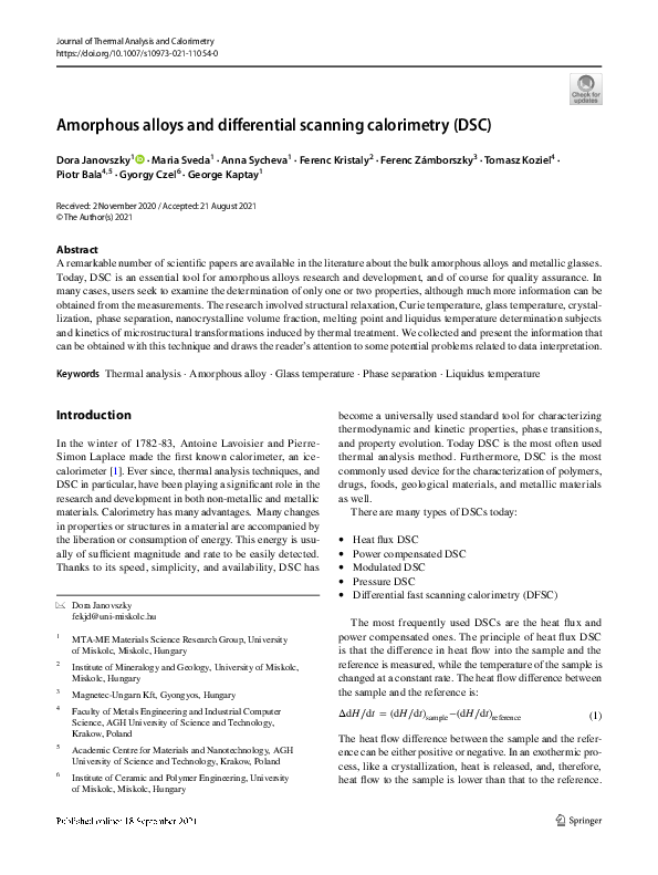 (PDF) Amorphous alloys and differential scanning calorimetry (DSC)