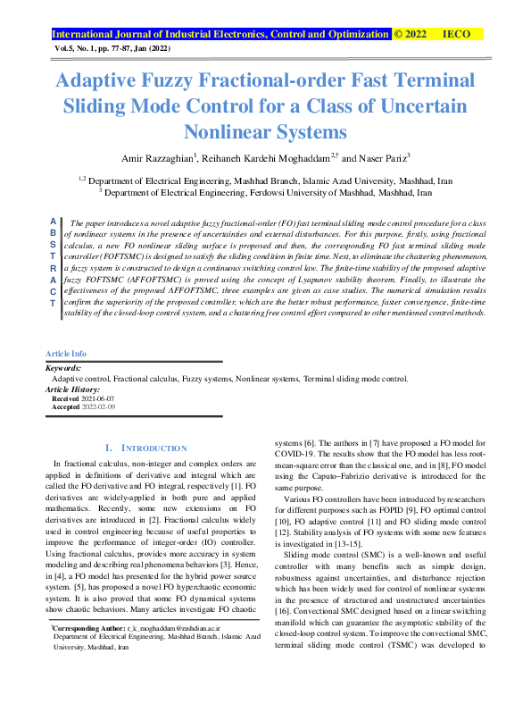 Pdf Adaptive Fuzzy Fractional Order Fast Terminal Sliding Mode Control For A Class Of