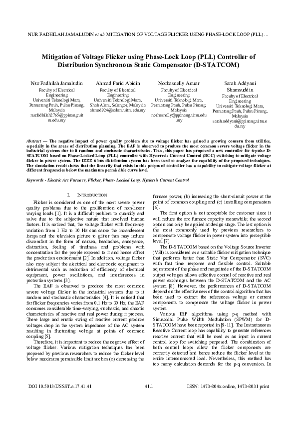 (PDF) Mitigation of Voltage Flicker Using Phase-Lock Loop (PLL) Controller of Distribution ...
