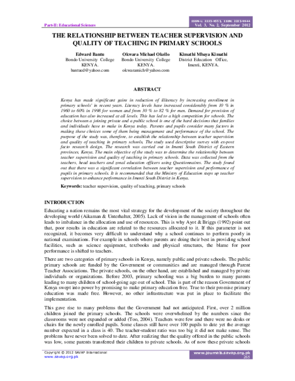 (PDF) The Relationship Between Teacher Supervision and Quality of Teaching in Primary Schools