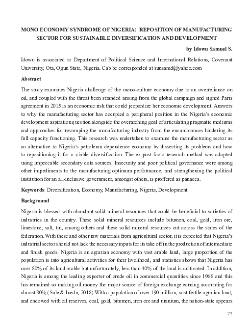 (PDF) Mono Economy Syndrome of Nigeria: Reposition of Manufacturing ...