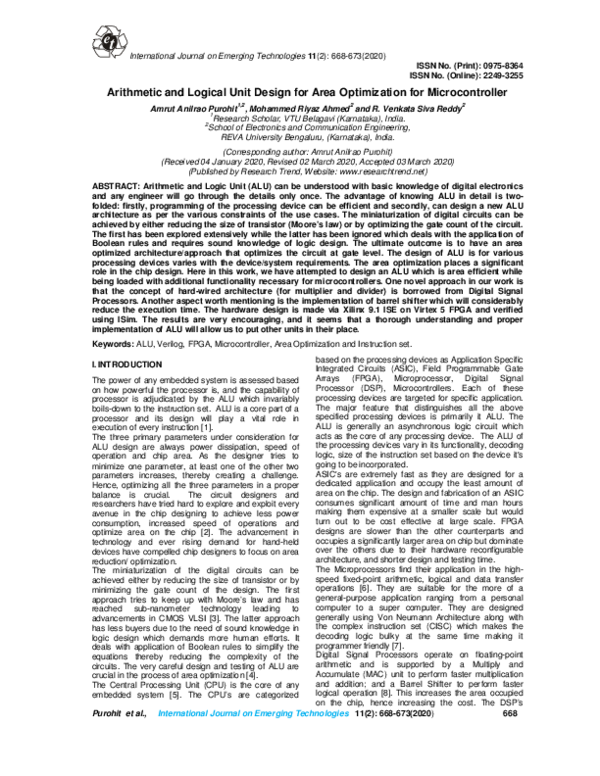 Pdf Arithmetic And Logical Unit Design For Area Optimization For Microcontroller 