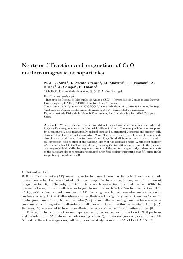 (PDF) Neutron diffraction and magnetism of CoO antiferromagnetic nanoparticles