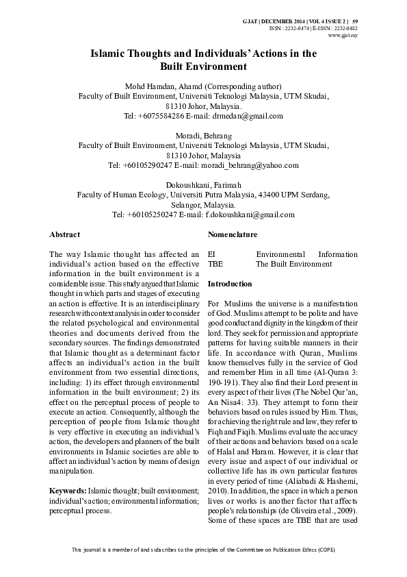 (PDF) Islamic Thoughts and Individuals’ Actions in the Built Environment