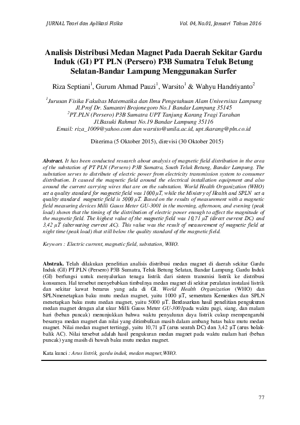(PDF) Analisis Distribusi Medan Magnet Pada Daerah Sekitar Gardu Induk ...