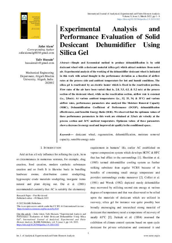 (PDF) Experimental Analysis and Performance Evaluation of Solid Desiccant Dehumidifier Using ...