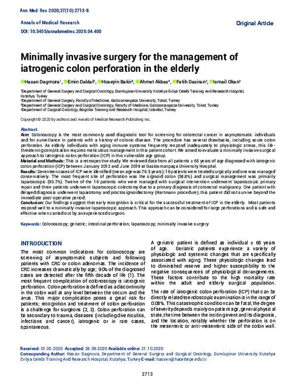 (PDF) Minimally invasive surgery for the management of iatrogenic colon perforation in the elderly