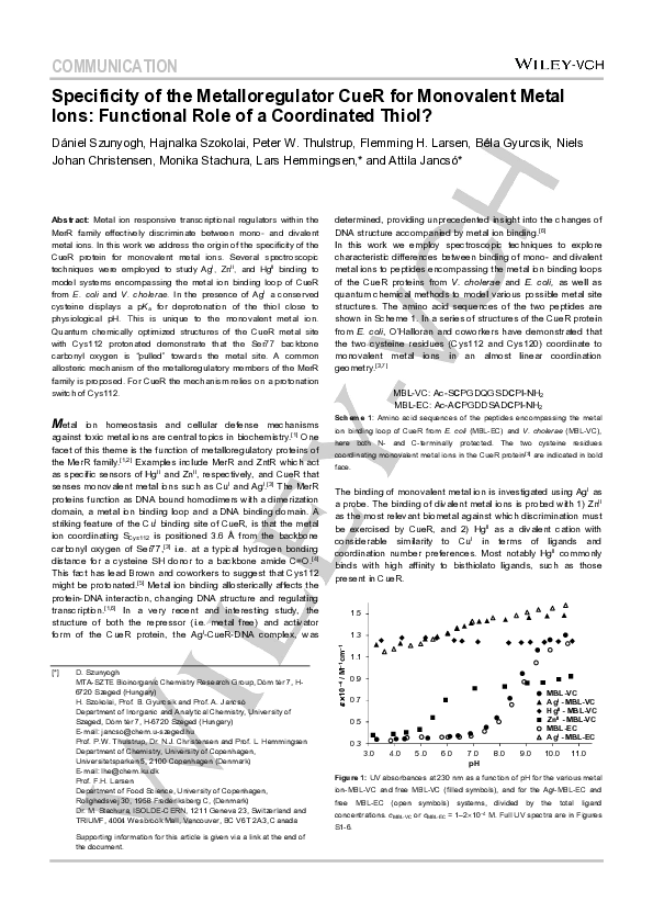 (PDF) Specificity of the Metalloregulator CueR for Monovalent Metal ...
