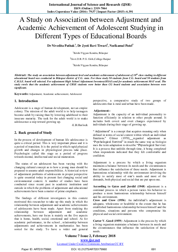 (PDF) A Study on Association between Adjustment and Academic ...