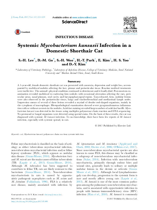 (PDF) Systemic Mycobacterium kansasii Infection in a Domestic Shorthair Cat