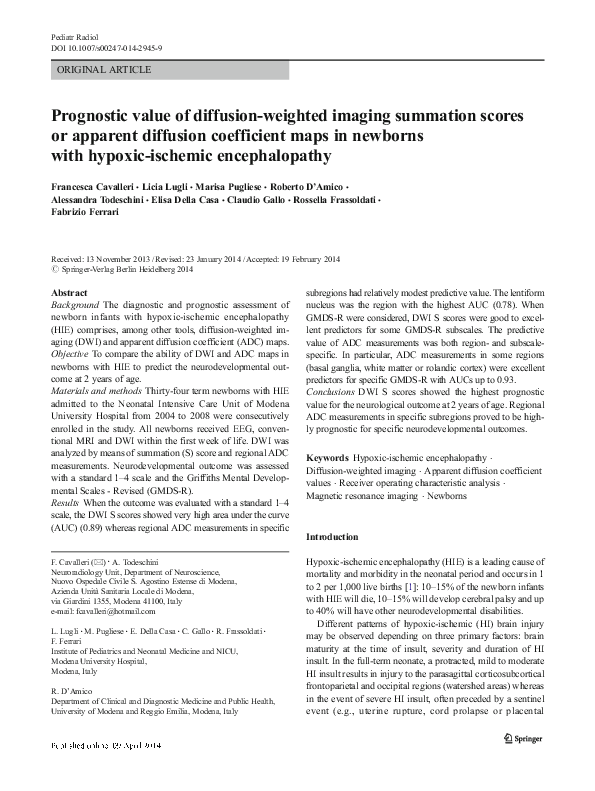 (PDF) Prognostic value of diffusion-weighted imaging summation scores or apparent diffusion ...