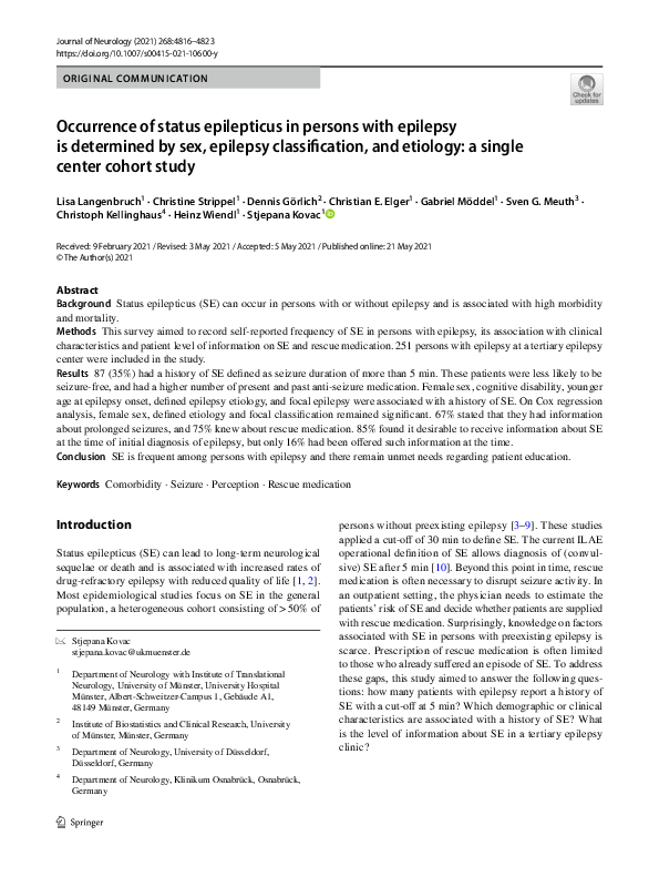 Pdf Occurrence Of Status Epilepticus In Persons With Epilepsy Is Determined By Sex Epilepsy
