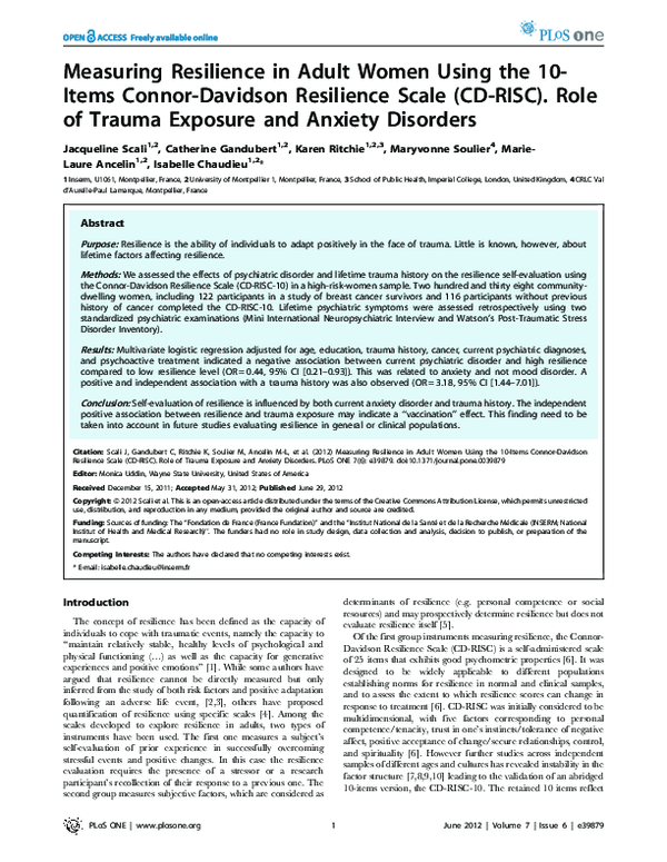 (PDF) Measuring Resilience in Adult Women Using the 10-Items Connor ...