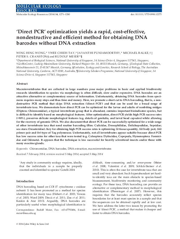 Pdf ‘direct Pcr Optimization Yields A Rapid Cost Effective Nondestructive And Efficient