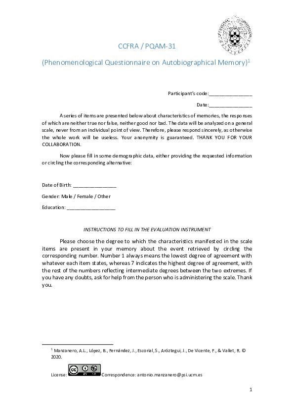 CCFRA / PQAM-31 (Phenomenological Questionnaire on Autobiographical Memory)