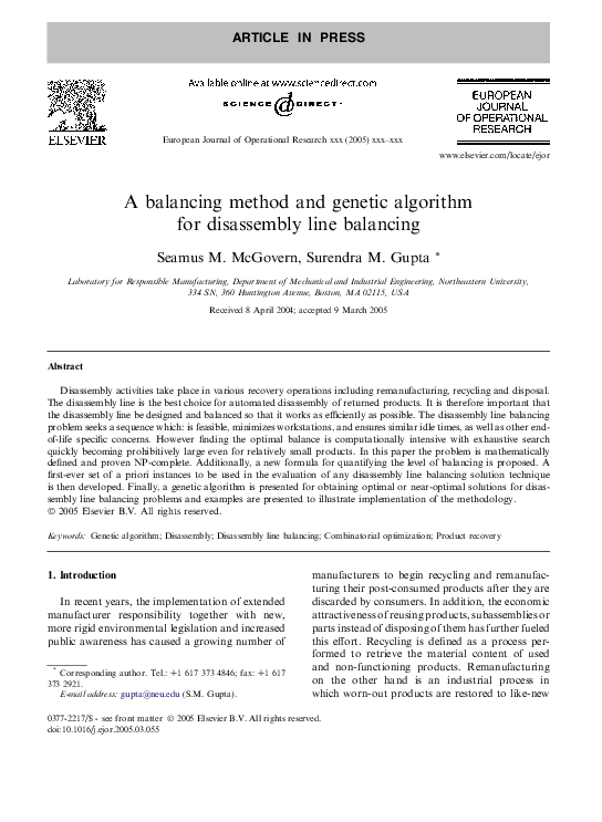 (PDF) A balancing method and genetic algorithm for disassembly line balancing