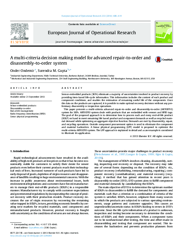 (PDF) A multi-criteria decision making model for advanced repair-to-order and disassembly-to ...
