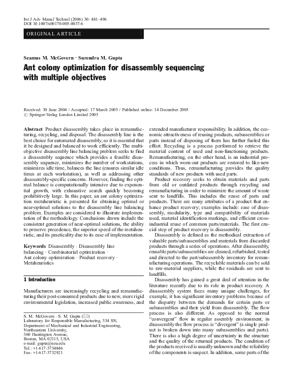 (PDF) Ant colony optimization for disassembly sequencing with multiple objectives | Surendra M ...