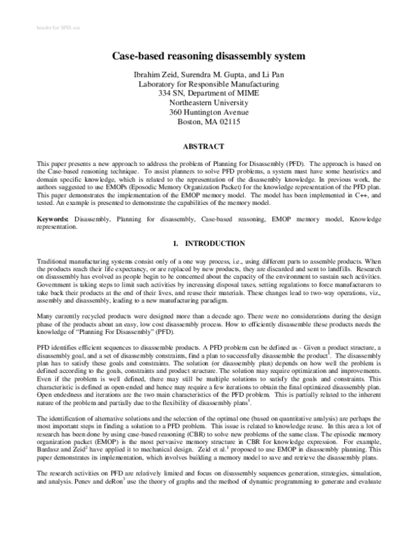 (PDF) Case-Based Reasoning for Disassembly Planning (PDF) Case-Based Reasoning for Disassembly Planning