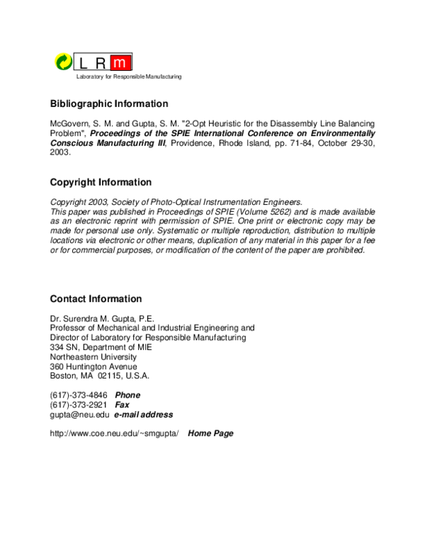 Pdf 2 Opt Heuristic For The Disassembly Line Balancing Problem