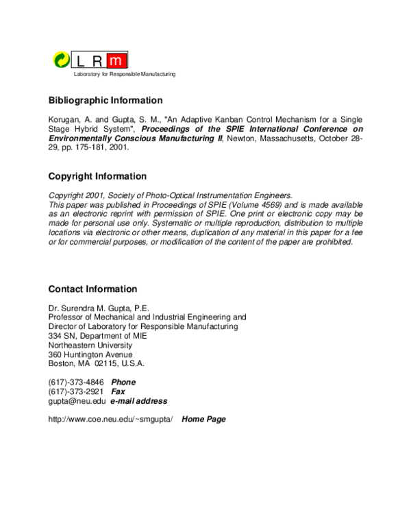 (PDF) Adaptive kanban control mechanism for a single-stage hybrid system
