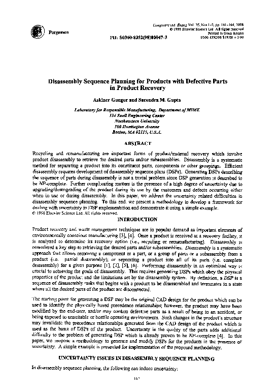 (PDF) Disassembly sequence planning for products with defective parts in product recovery