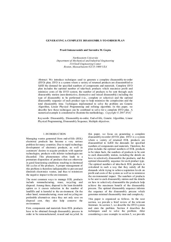 (PDF) Generating a complete disassembly-to-order plan