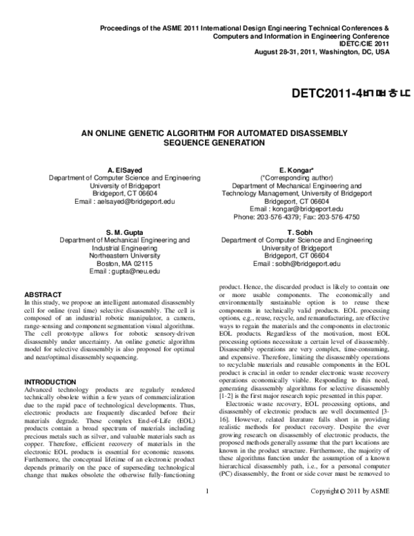 (PDF) An online genetic algorithm for automated disassembly sequence generation