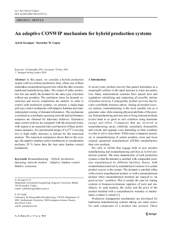 (PDF) An adaptive CONWIP mechanism for hybrid production systems | Surendra M. Gupta - Academia.edu