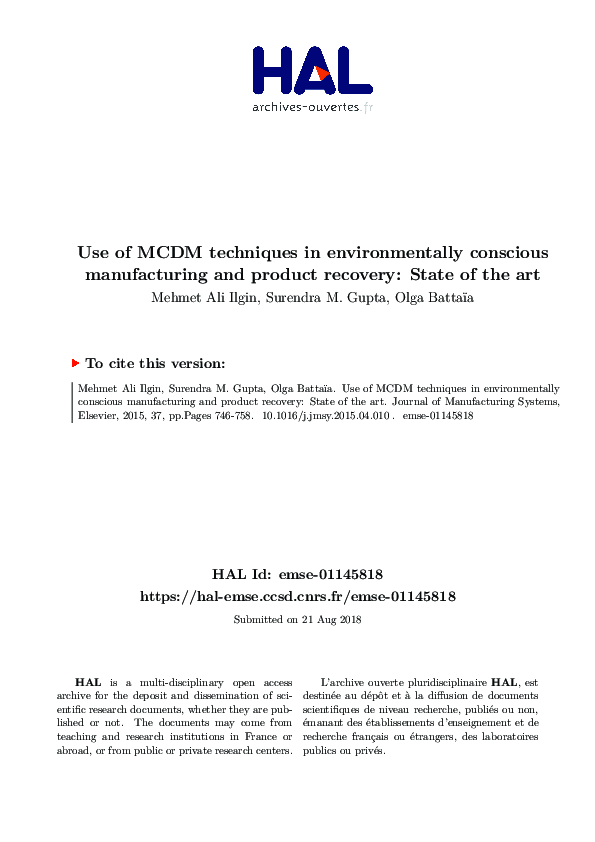 (PDF) Use of MCDM techniques in environmentally conscious manufacturing and product recovery ...