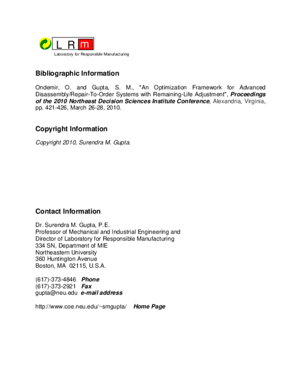 (PDF) An optimization framework for advanced disassembly/repair-to-order systems with remaining ...