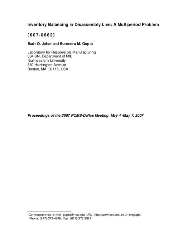 (PDF) Inventory Balancing in Disassembly Line: A Multiperiod Problem