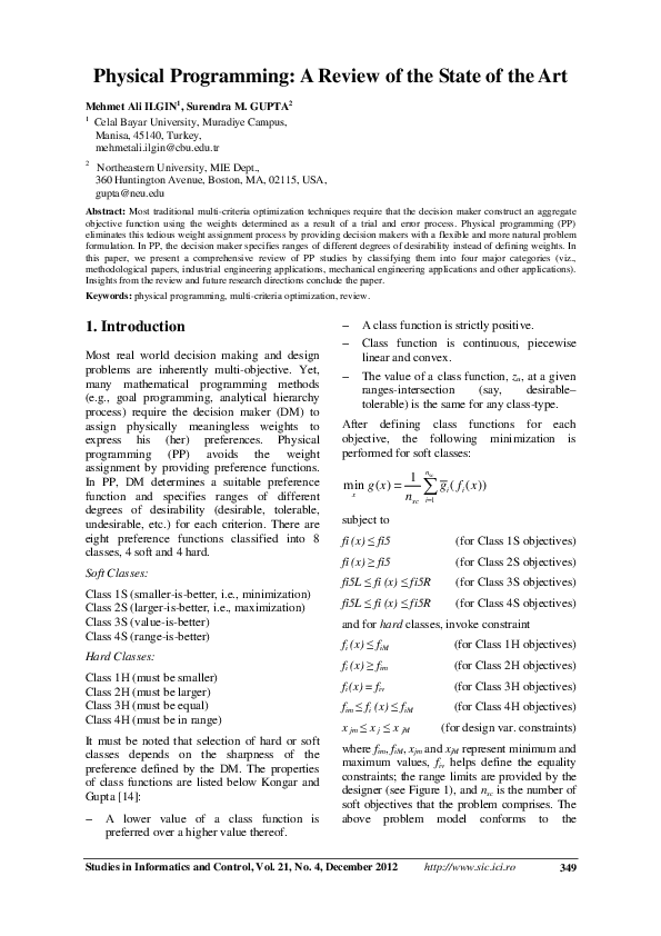 (PDF) Physical Programming: A Review of the State of the Art