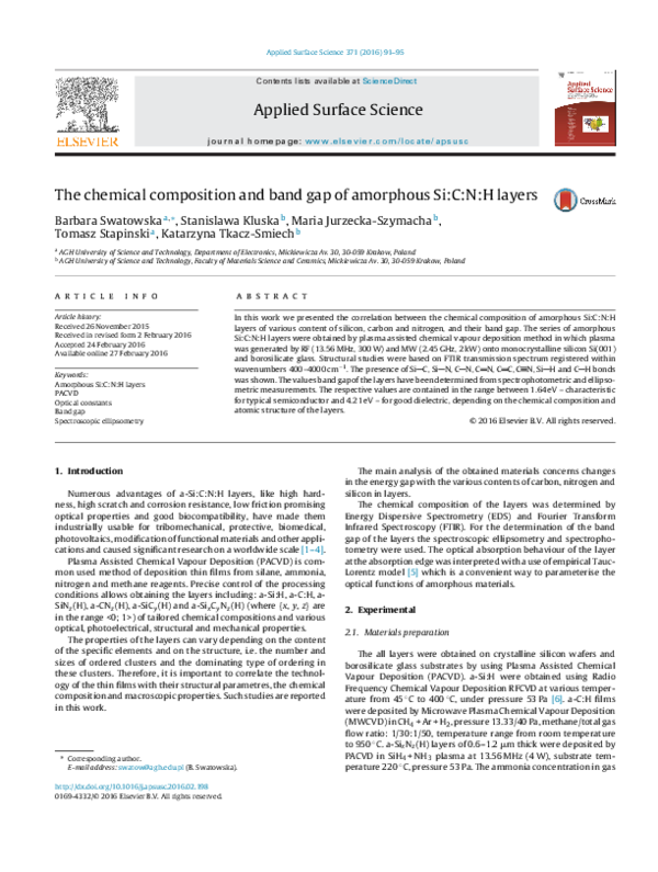(PDF) The chemical composition and band gap of amorphous Si:C:N:H layers