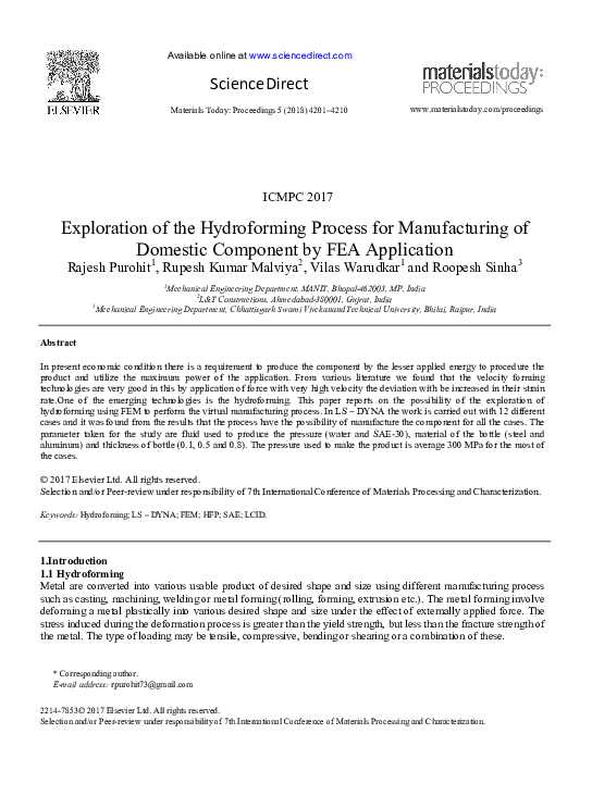 (PDF) Exploration of the Hydroforming Process for Manufacturing of Domestic Component by FEA ...