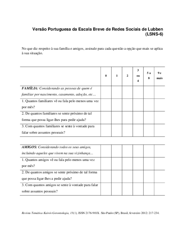 (PDF) Versão Portuguesa da Escala Breve de Redes Sociais de Lubben ...